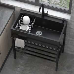 commercial kitchen sink, black laundry room sink, utility sink with hot and cold faucet drain basket, free standing stainless-steel single bowl commercial restaurant kitchen sink ( size : 68*45cm/26.7