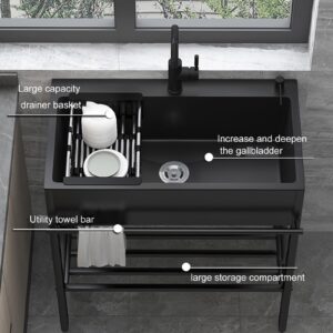 Commercial Kitchen Sink, Black Laundry Room Sink, Utility Sink with Hot and Cold Faucet Drain Basket, Free Standing Stainless-Steel Single Bowl Commercial Restaurant Kitchen Sink ( Size : 68*45cm/26.7