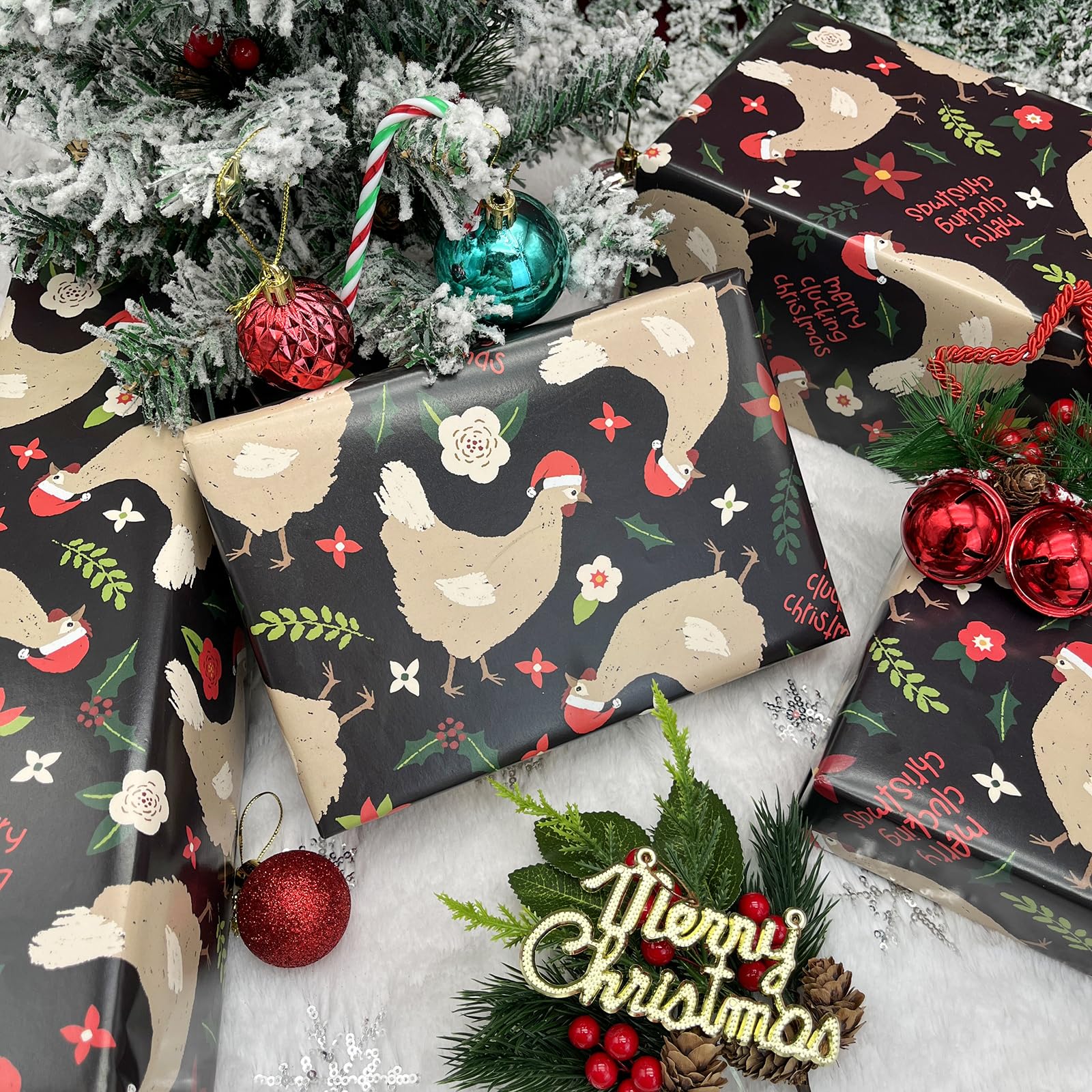 Dtiafu Chicken Wrapping Paper for Christmas - Funny Print Gift Wrap with Merry Clucking Christmas Words - 20X28 Inch Per Sheet (6 Sheet)