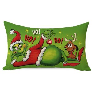 ussap christmas lumbar decorative throw pillow cover 12 x 20, green xmas max dog hohoho rectangle cushion case decor, funny holiday home decoration for sofa couch