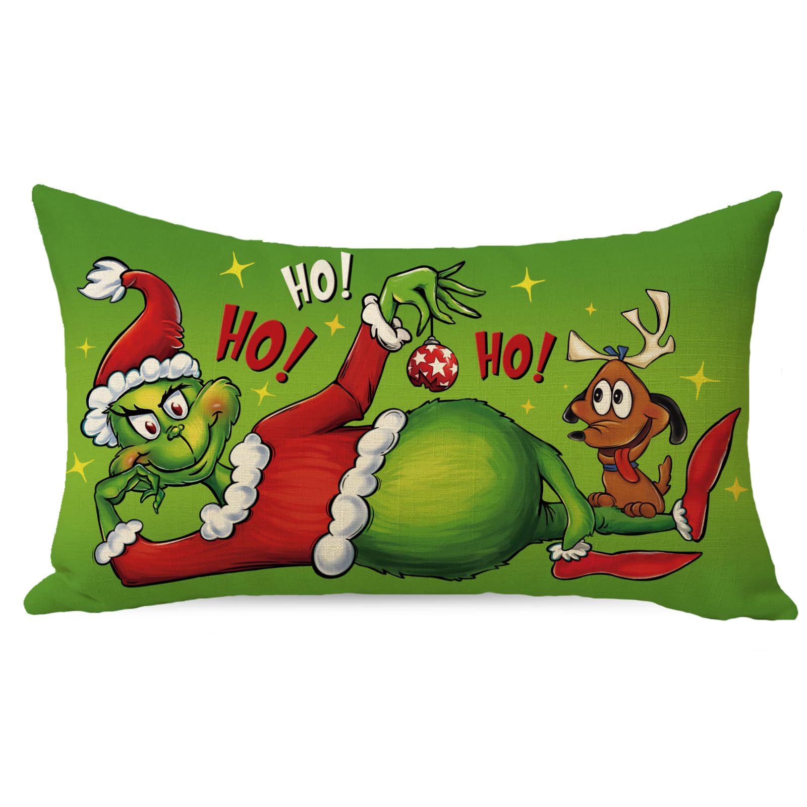 Ussap Christmas Lumbar Decorative Throw Pillow Cover 12 x 20, Green Xmas Max Dog Hohoho Rectangle Cushion Case Decor, Funny Holiday Home Decoration for Sofa Couch