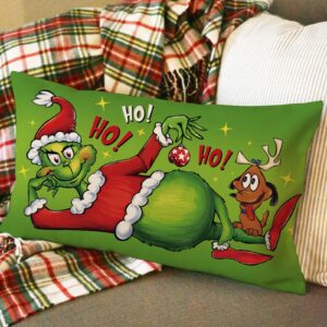 Ussap Christmas Lumbar Decorative Throw Pillow Cover 12 x 20, Green Xmas Max Dog Hohoho Rectangle Cushion Case Decor, Funny Holiday Home Decoration for Sofa Couch