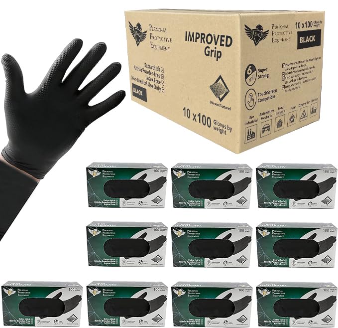 S&G Black Nitrile Gloves Heavy-Duty Latex & Powder Free - For Cleaning, Construction, Mechanic, Food Prep | 6 Mil - 1000 | Large