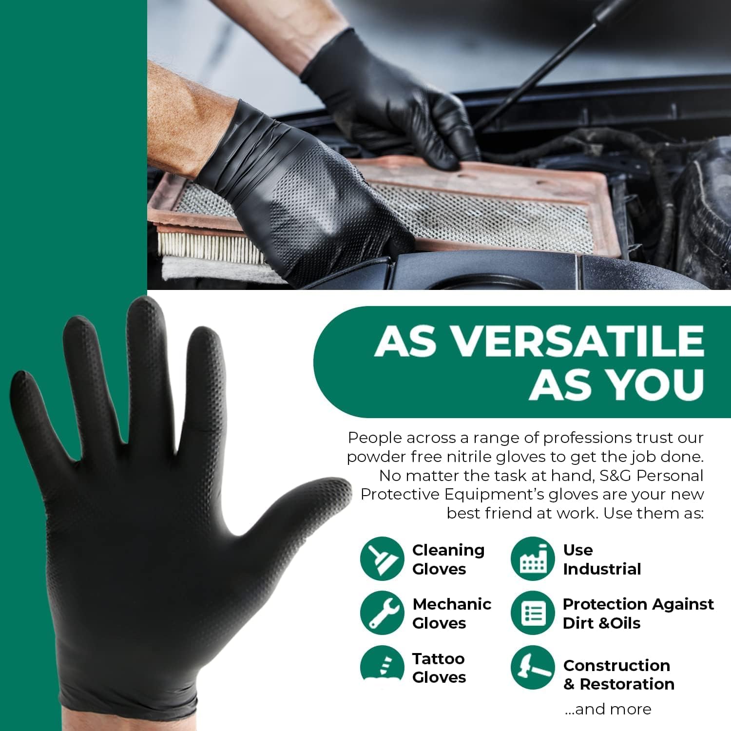 S&G Black Nitrile Gloves Heavy-Duty Latex & Powder Free - For Cleaning, Construction, Mechanic, Food Prep | 6 Mil - 1000 | Large