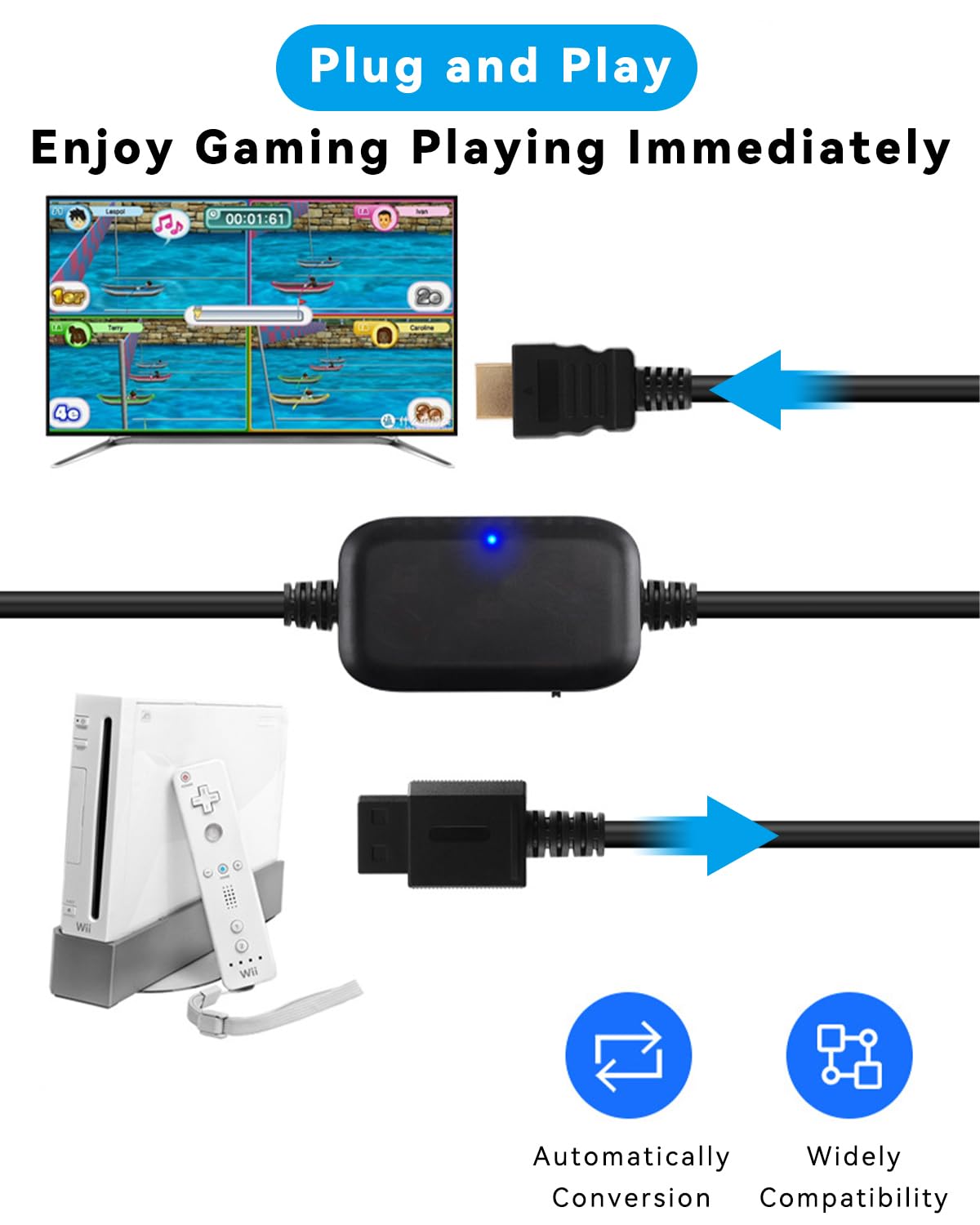 Wii to HDMI Adapter Cable [1080P/720P] Wii HDMI Picture Quality Upscaler Resolution Enhancer Wii 2 HDMI Converter Supports All Display Modes Compatible with Wii/Wii U Console (6.56FT, Plug & Play)