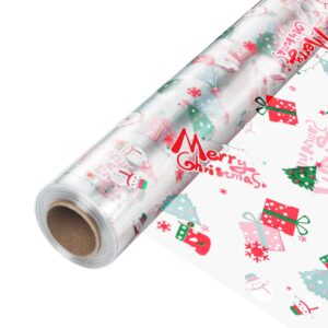 100' long x 17.5” wide christmas cellophane wrap roll - 3 mil thicker christmas cellophane roll, crystal clear merry christmas cellophane for gift baskets, flower arts crafts food treats wrapping