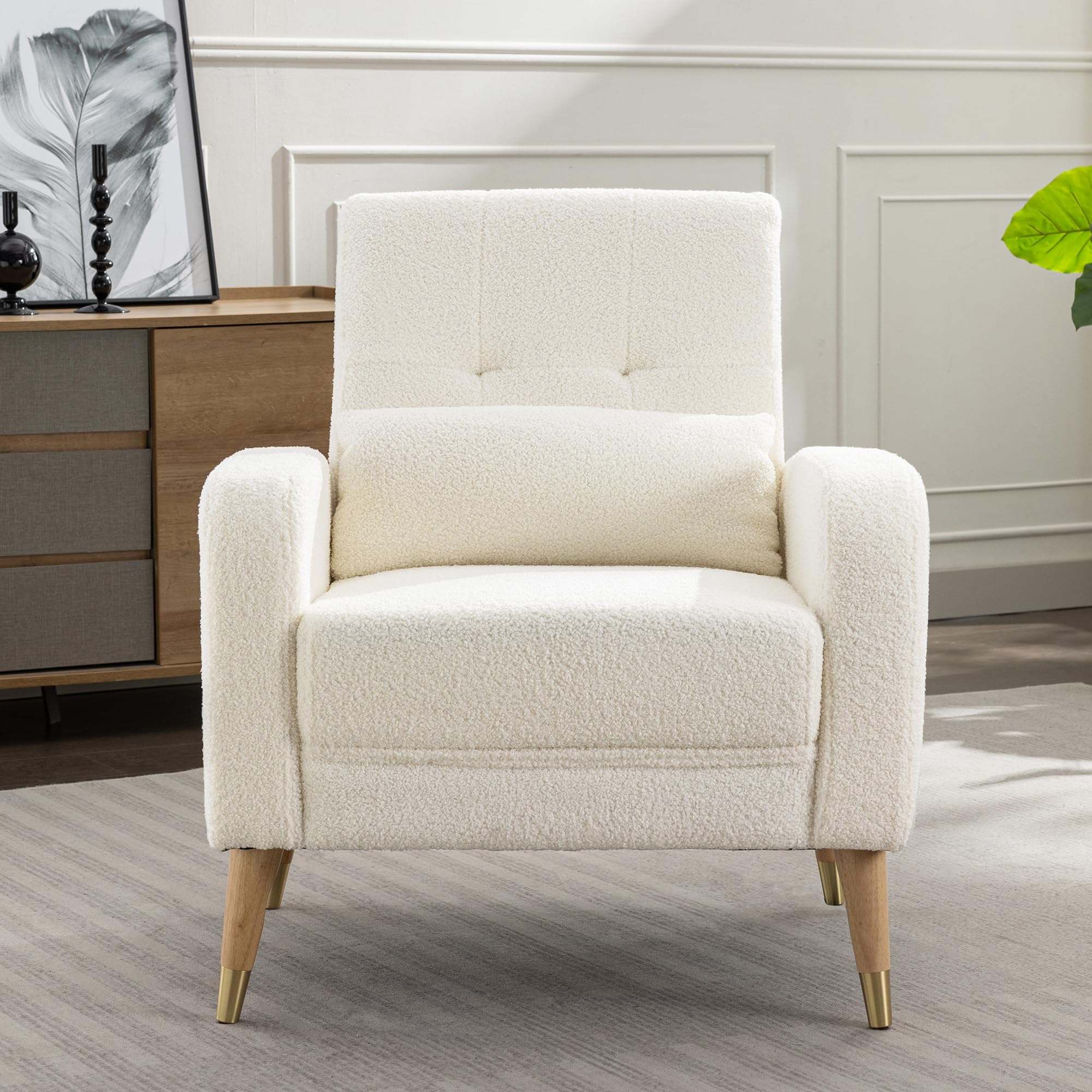 Dolonm Mid-Century Modern Accent Chair, Upholstered Armchair Living Room Chair, Comfy Single Sofa Chair with Sturdy Legs, Polyester Fabric Chair for Living Room Bedroom, White