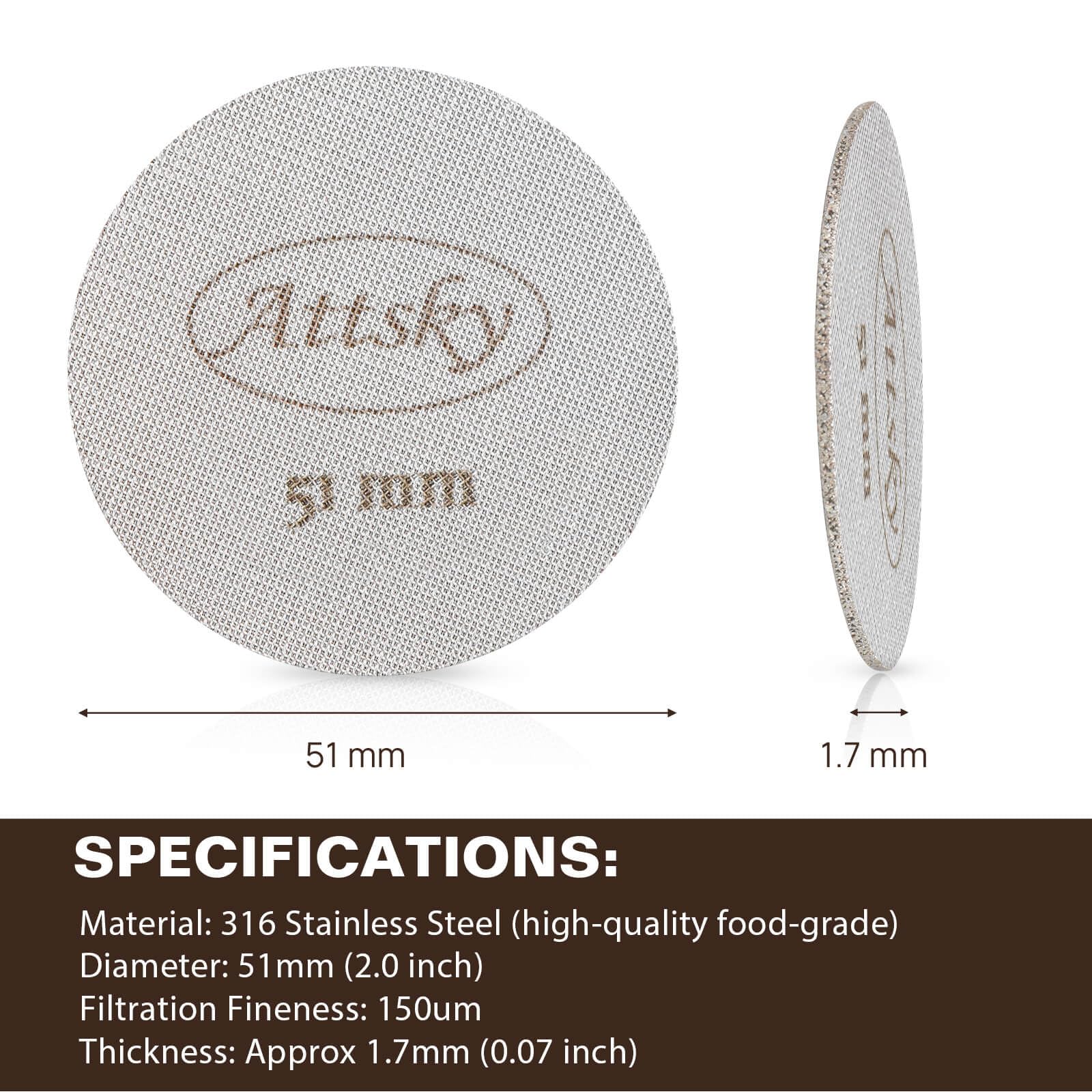 Attsky 51mm Espresso Puck Screen, Espresso Filter for 51mm Portafilter Filter Basket, Reusable Espresso Screen with 1.7mm Thickness 150μm 316 Stainless Steel