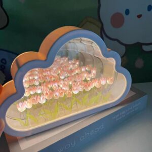 20 flower cloud tulip mirror night light,diy tulip cloud mirror night lights for bedroom,led tulip lamp bedroom decoration youth girl creative gift, birthday, anniversary, mother's day. (pink)