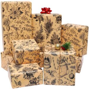 bolianne brown christmas wrapping paper for men women kids - rustic xmas gift wrap paper for holiday new year party - vintage design, 6 large sheets, 27 x 37 inch, high gloss