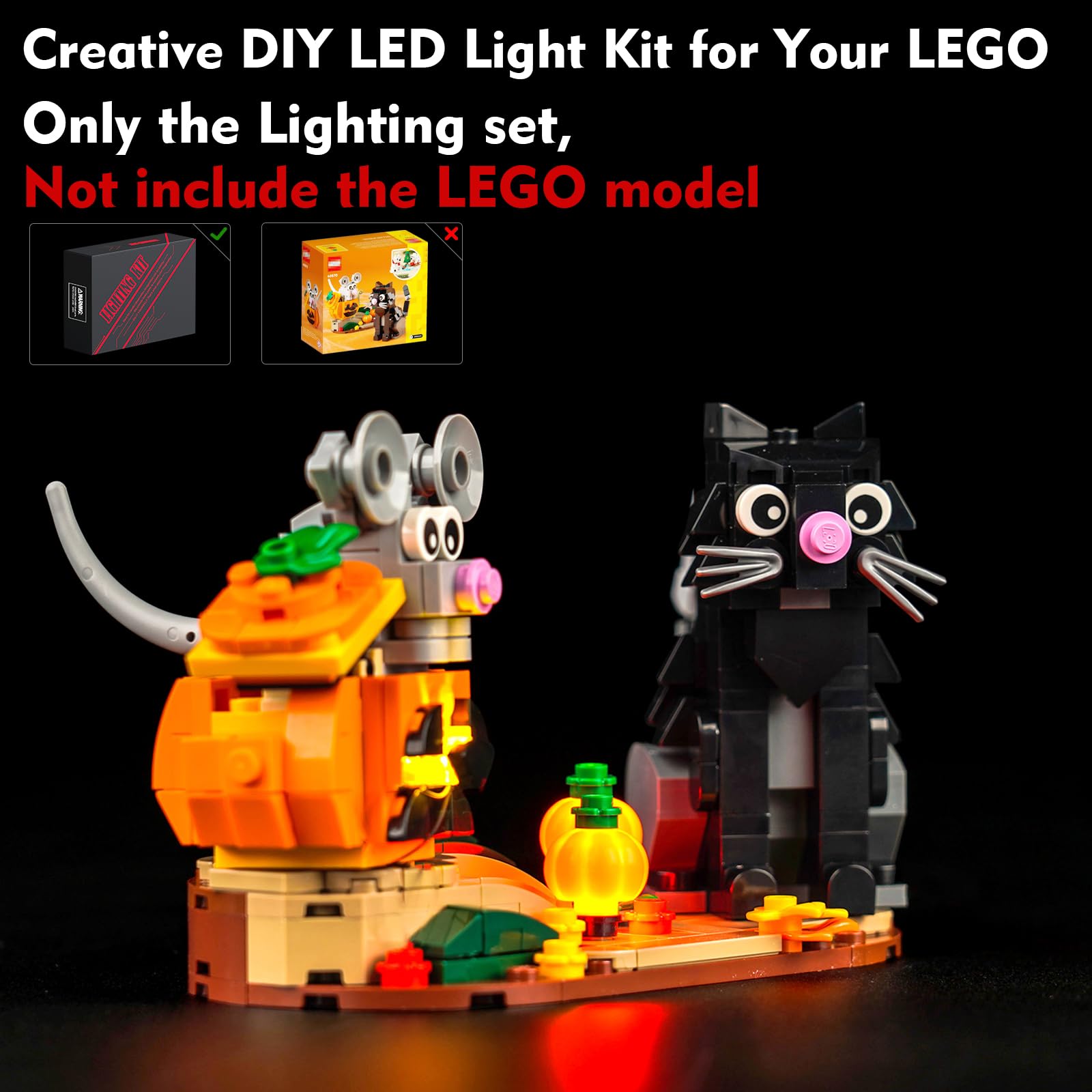 LocoLee LED Light Kit for Lego Halloween Cat and Mouse 40570, Upgraded Pumpkin Lighting Set Accessories Compatible with Lego 40570 Building Set (Lights Only, No Models)