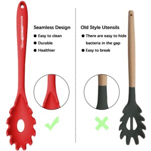 Silicone Cooking Spoons, Heat Resistant Large Silicone Pasta Slotted Spoon Solid Basting Spoon set for Nonstick Cookware, BPA Free Black Kitchen Silicone Spoons set for Mixing, Serving, Draining Red