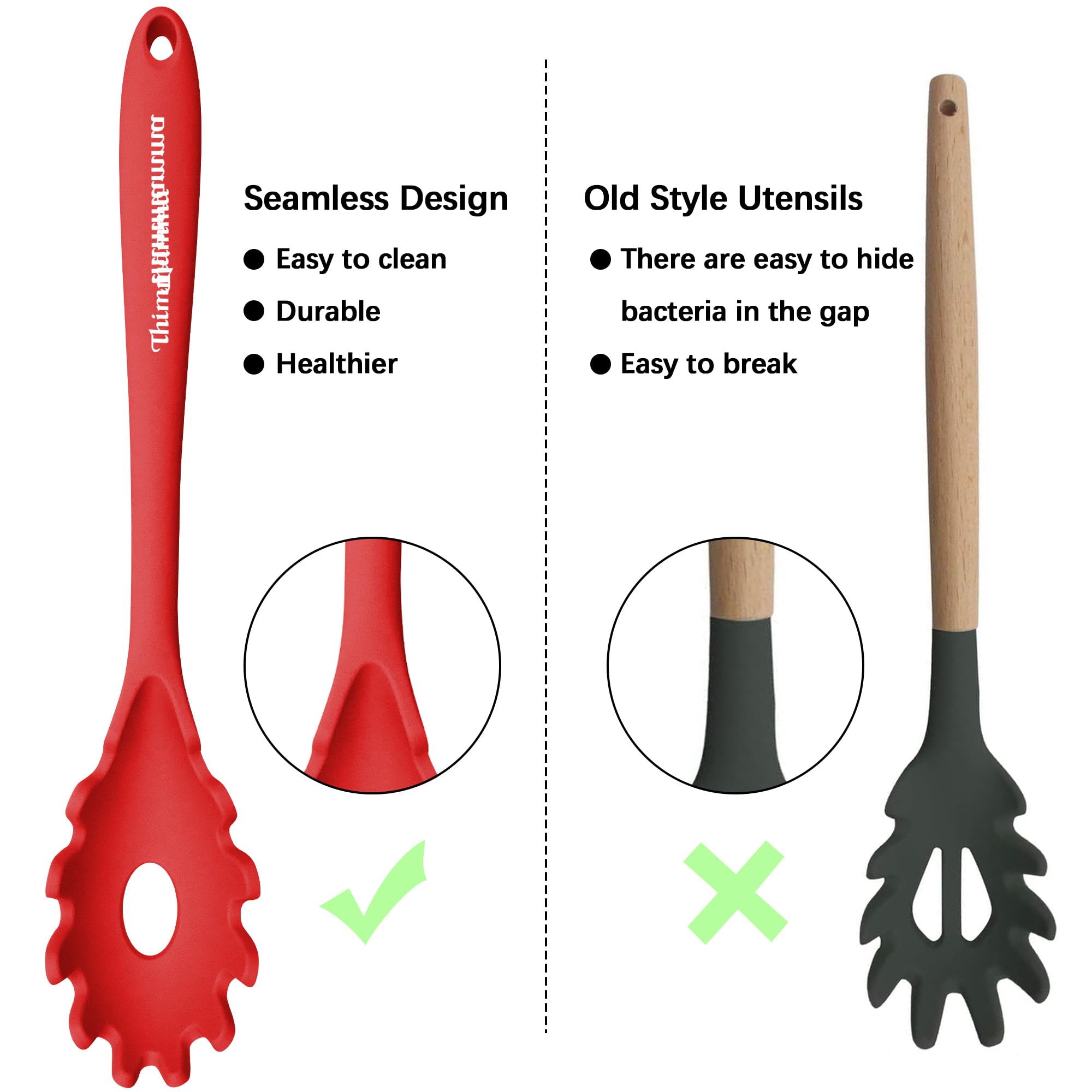 Silicone Cooking Spoons, Heat Resistant Large Silicone Pasta Slotted Spoon Solid Basting Spoon set for Nonstick Cookware, BPA Free Black Kitchen Silicone Spoons set for Mixing, Serving, Draining Red