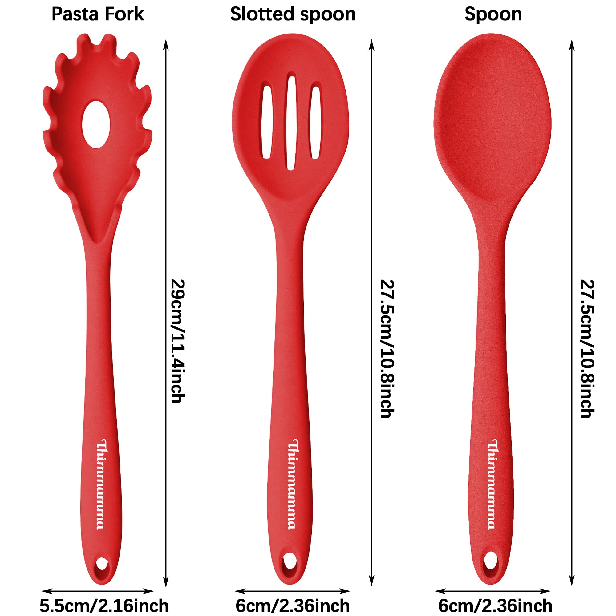 Silicone Cooking Spoons, Heat Resistant Large Silicone Pasta Slotted Spoon Solid Basting Spoon set for Nonstick Cookware, BPA Free Black Kitchen Silicone Spoons set for Mixing, Serving, Draining Red