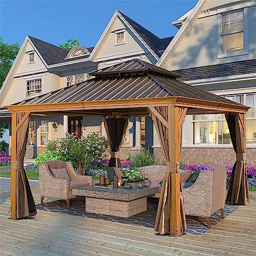 UBGO 12x12FT Hardtop Gazebo,Outdoor Permanent Metal Pavilion with Curtains&Netting,Wooden Coated Aluminum Frame Canopy with Galvanized Steel Double Roof for Patios Deck Backyard,Lawn (Yellow Brown)