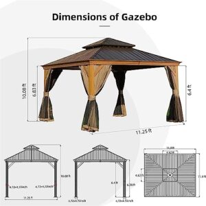 UBGO 12x12FT Hardtop Gazebo,Outdoor Permanent Metal Pavilion with Curtains&Netting,Wooden Coated Aluminum Frame Canopy with Galvanized Steel Double Roof for Patios Deck Backyard,Lawn (Yellow Brown)