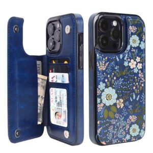 ucolor compatible with iphone 15 pro max 6.7" wallet case with card holder slot folio flip leather kickstand magnetic clasp rfid blocking design cover 15pm 6.7 inch (navy blue flowers)