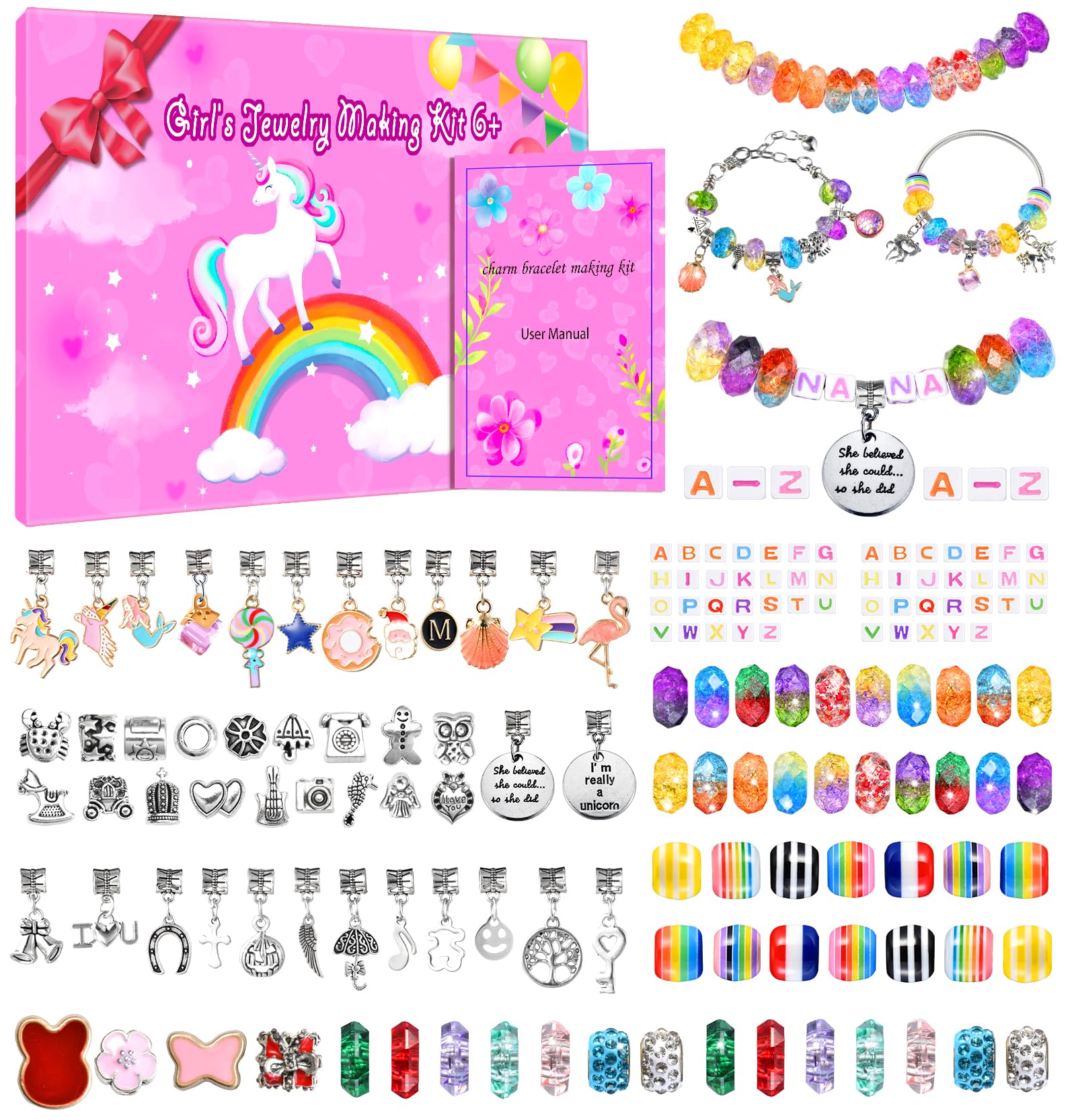 Girls Charm Bracelet Making Kit - 166 Pcs Unicorn Charms Bracelets Kits Kids Jewelry Supplies Make Set DIY Art Craft Set Creative Toys Birthday Gifts for Age 5 6 7 8 9 10 11 12 Year Old Girl Children