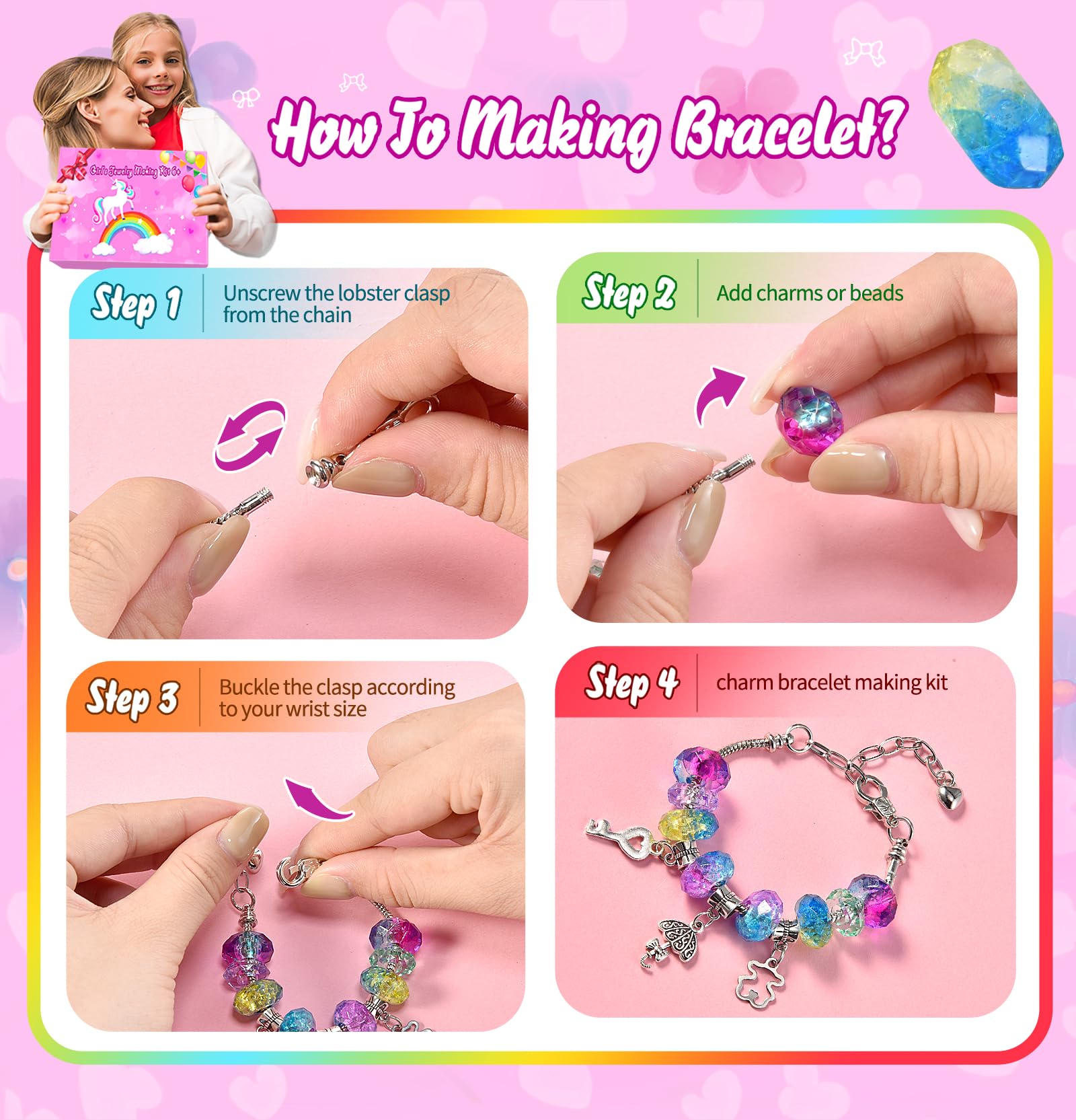 Girls Charm Bracelet Making Kit - 166 Pcs Unicorn Charms Bracelets Kits Kids Jewelry Supplies Make Set DIY Art Craft Set Creative Toys Birthday Gifts for Age 5 6 7 8 9 10 11 12 Year Old Girl Children