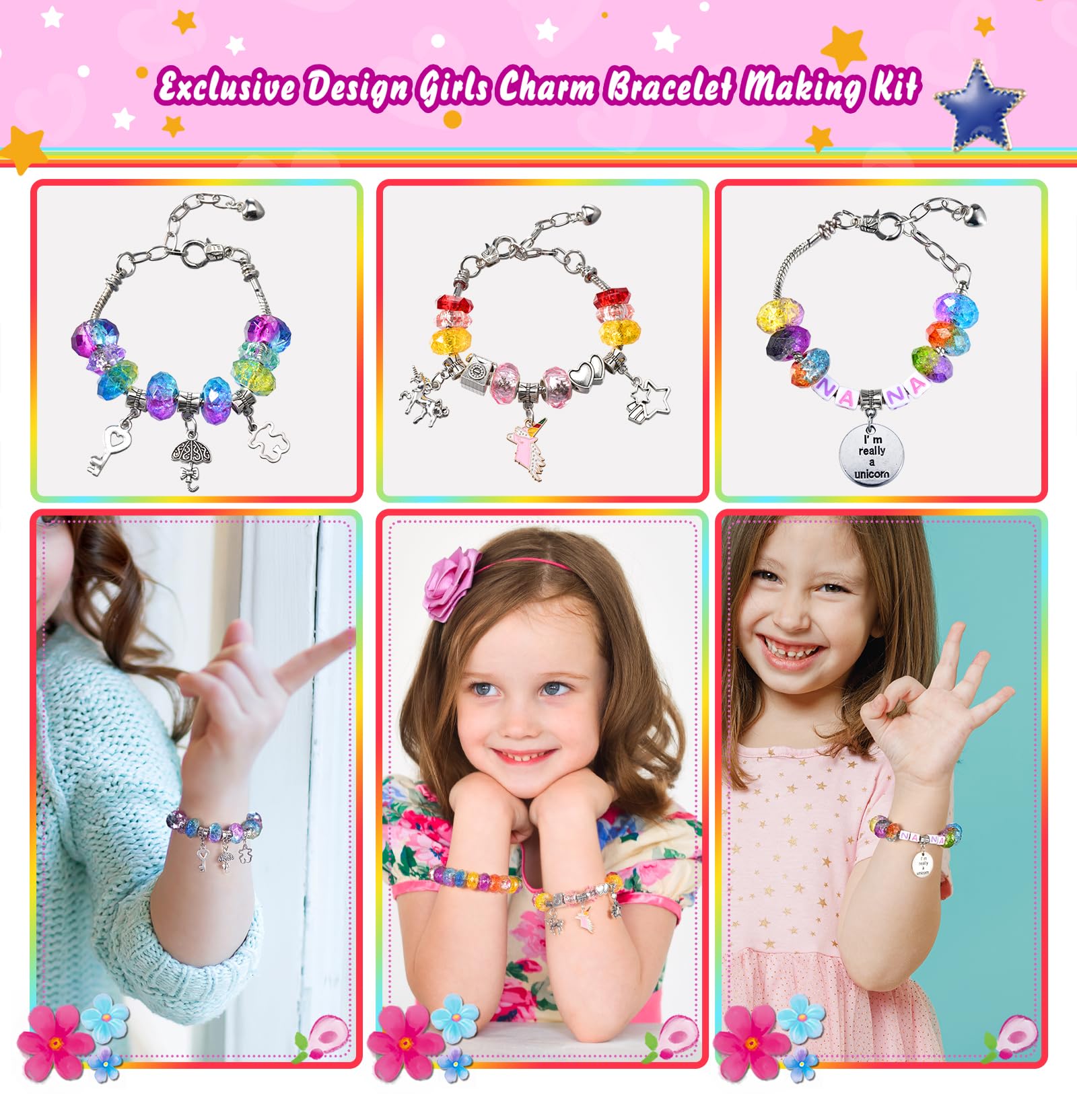 Girls Charm Bracelet Making Kit - 166 Pcs Unicorn Charms Bracelets Kits Kids Jewelry Supplies Make Set DIY Art Craft Set Creative Toys Birthday Gifts for Age 5 6 7 8 9 10 11 12 Year Old Girl Children