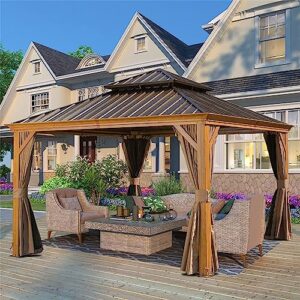 evedy 12x12ft hardtop gazebo,outdoor permanent metal pavilion with curtains&netting,wooden coated aluminum frame canopy with galvanized steel double roof for patios deck backyard,lawn (yellow brown)