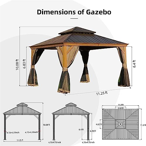 Evedy 12x12FT Hardtop Gazebo,Outdoor Permanent Metal Pavilion with Curtains&Netting,Wooden Coated Aluminum Frame Canopy with Galvanized Steel Double Roof for Patios Deck Backyard,Lawn (Yellow Brown)