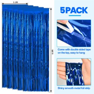 PABUES 5 Pack 3.3 x 6.6 FT Blue Foil Fringe Backdrop Curtain, Streamer Backdrop Curtains, Streamers Birthday Party Decorations, Fringe Backdrop for Graduation, Baby Shower, Gender Reveal