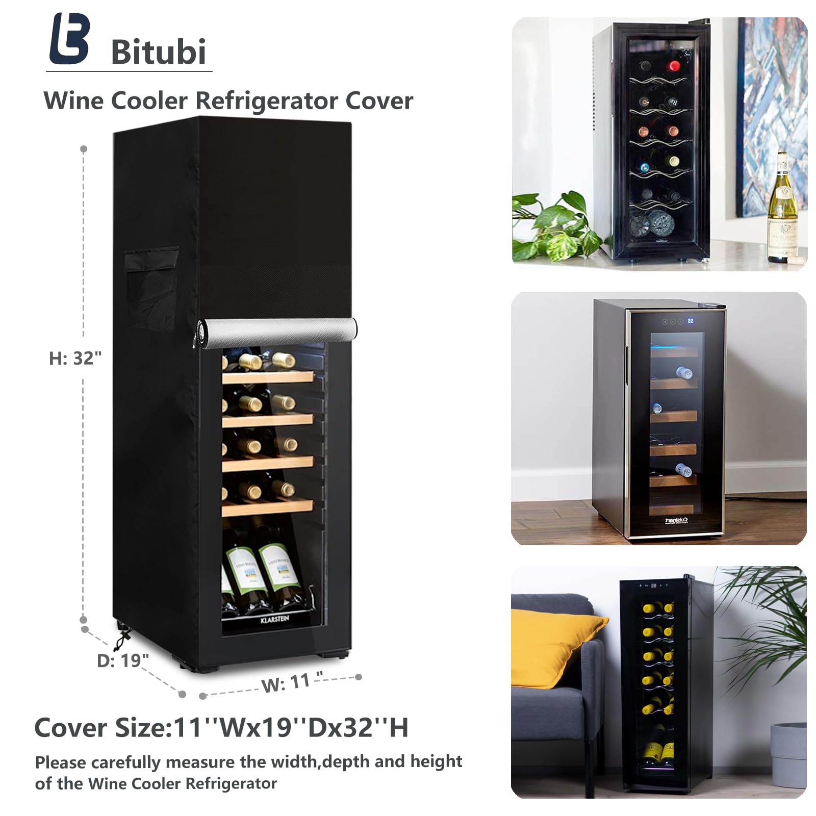 Bitubi Wine Cooler Refrigerator Cover,Outdoor Fridge Cover – Waterproof, Dustproof, Sun-Proof, 11" W x 19" D x 32" H. Suitable for most 12-14 Bottle Beer or Wine Mini Fridge (Black)