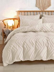 nanko beige duvet cover twin size, 2pc boho tufted microfiber bedding comforter cover set, all season aesthetic shabby chic soft embroidery textured geometric quilt cover 68x90 inches