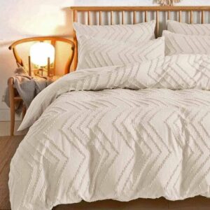 Nanko Beige Duvet Cover Twin Size, 2pc Boho Tufted Microfiber Bedding Comforter Cover Set, All Season Aesthetic Shabby Chic Soft Embroidery Textured Geometric Quilt Cover 68x90 inches