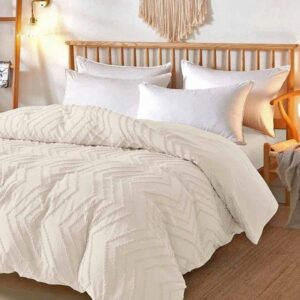 Nanko Beige Duvet Cover Twin Size, 2pc Boho Tufted Microfiber Bedding Comforter Cover Set, All Season Aesthetic Shabby Chic Soft Embroidery Textured Geometric Quilt Cover 68x90 inches