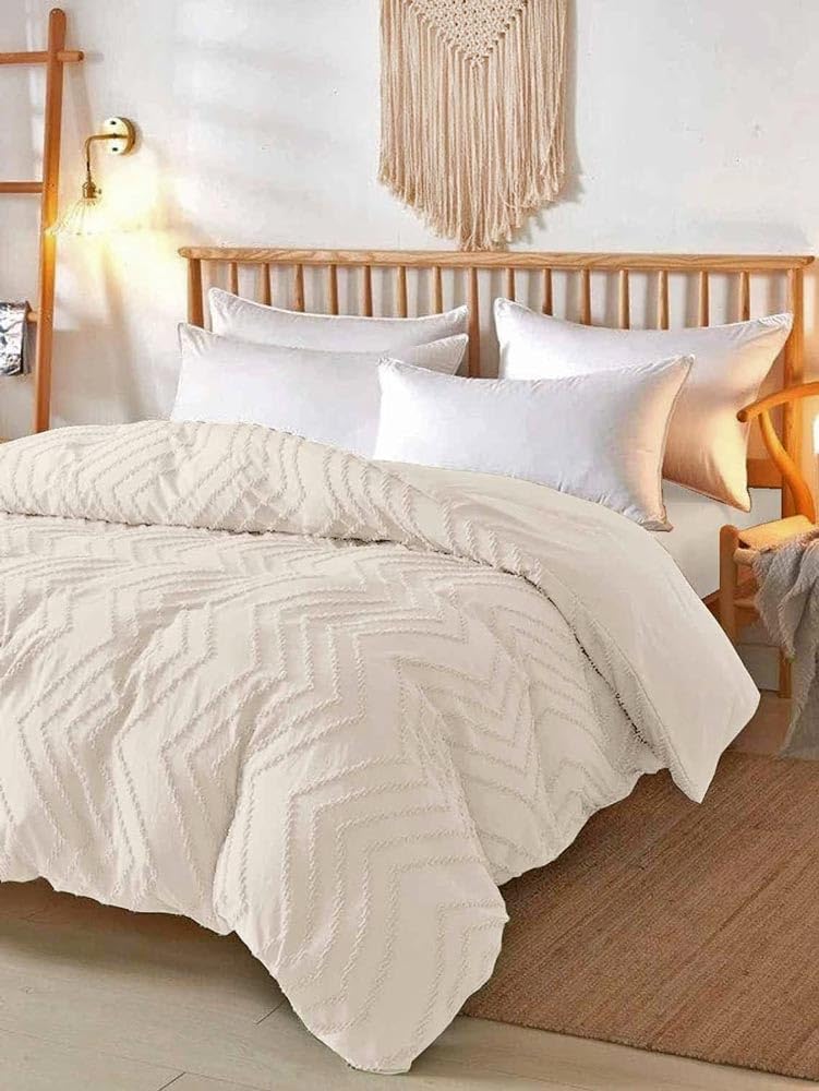 Nanko Beige Duvet Cover Twin Size, 2pc Boho Tufted Microfiber Bedding Comforter Cover Set, All Season Aesthetic Shabby Chic Soft Embroidery Textured Geometric Quilt Cover 68x90 inches