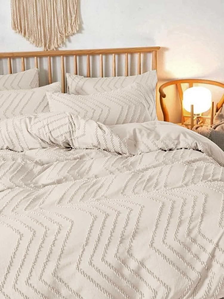 Nanko Beige Duvet Cover Twin Size, 2pc Boho Tufted Microfiber Bedding Comforter Cover Set, All Season Aesthetic Shabby Chic Soft Embroidery Textured Geometric Quilt Cover 68x90 inches