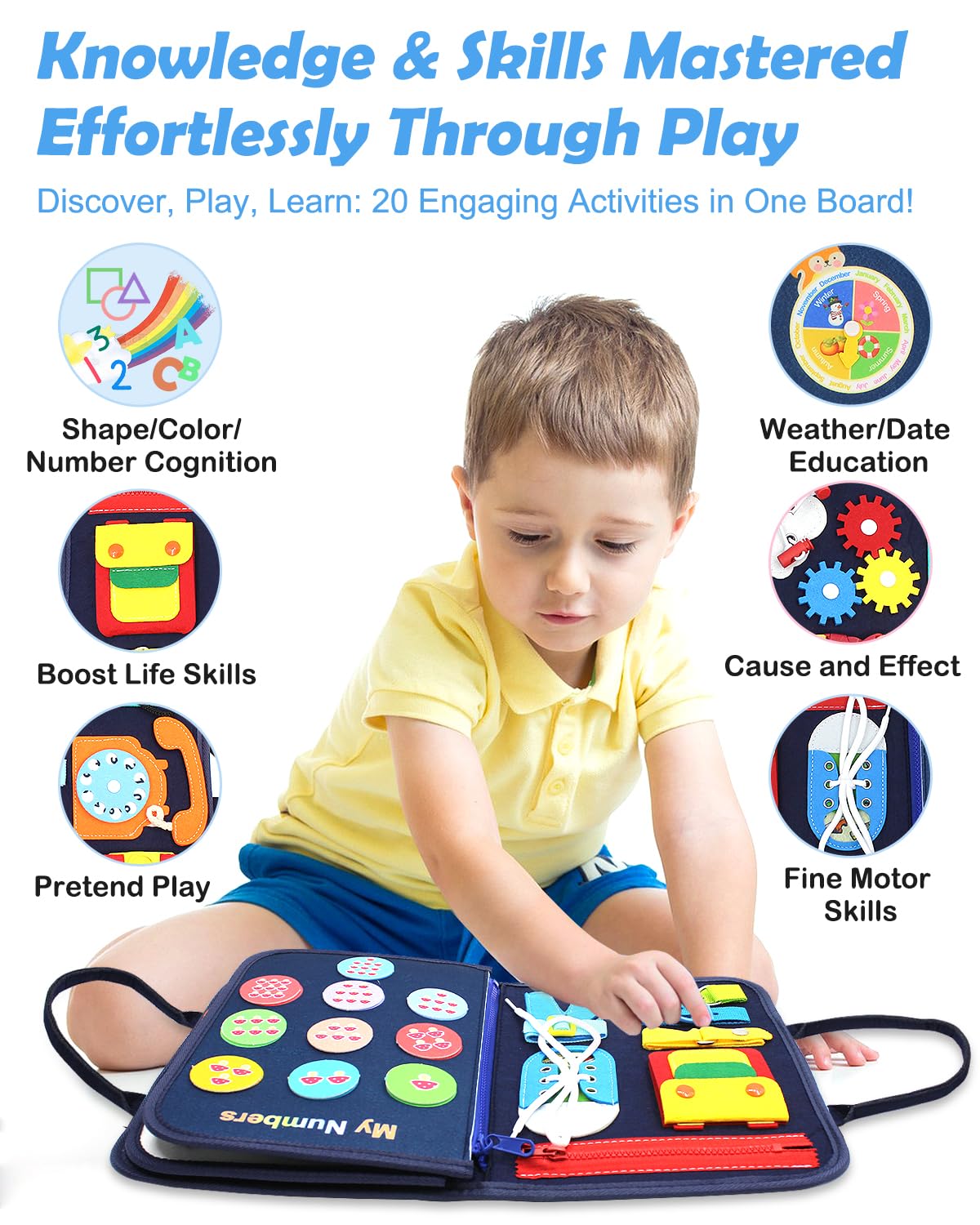 VARANO Montessori Busy Board Book Toy for 1 2 3 Year Old, Educational Sensory Toys for Toddlers 1-3, Car & Airplane Activities for Travel and Learning – Gifts for Boys and Girls (Jungle Animals)