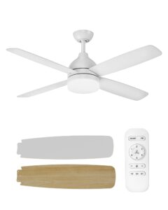 jackyled 52 inch ceiling fan with light remote control, 6 fan speeds & 3-color dimmable light, quiet reversible dc motor, led ceiling fan light for bedroom, living room, white/lightwood blades