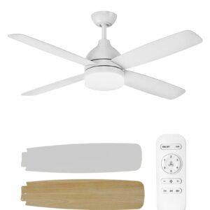 JACKYLED 52 Inch Ceiling Fan with Light Remote Control, 6 Fan Speeds & 3-Color Dimmable Light, Quiet Reversible DC Motor, LED Ceiling Fan Light for Bedroom, Living Room, White/Lightwood Blades