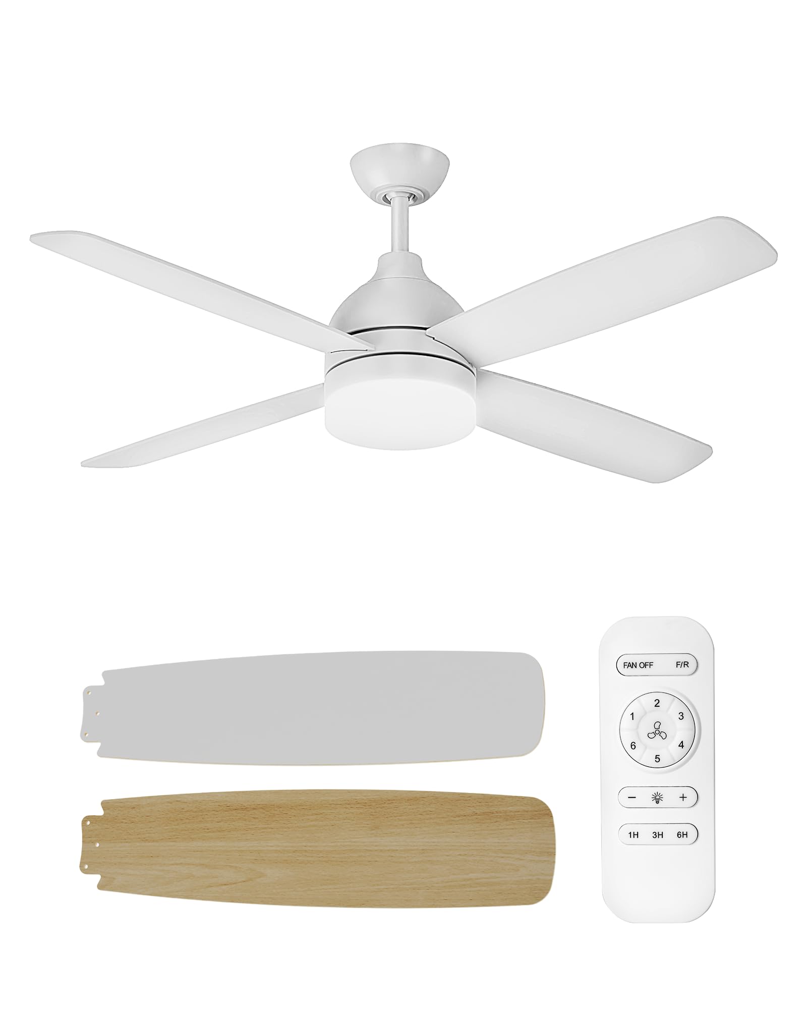 JACKYLED 52 Inch Ceiling Fan with Light Remote Control, 6 Fan Speeds & 3-Color Dimmable Light, Quiet Reversible DC Motor, LED Ceiling Fan Light for Bedroom, Living Room, White/Lightwood Blades