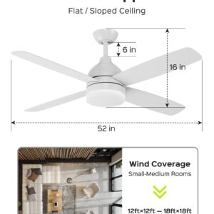 JACKYLED 52 Inch Ceiling Fan with Light Remote Control, 6 Fan Speeds & 3-Color Dimmable Light, Quiet Reversible DC Motor, LED Ceiling Fan Light for Bedroom, Living Room, White/Lightwood Blades