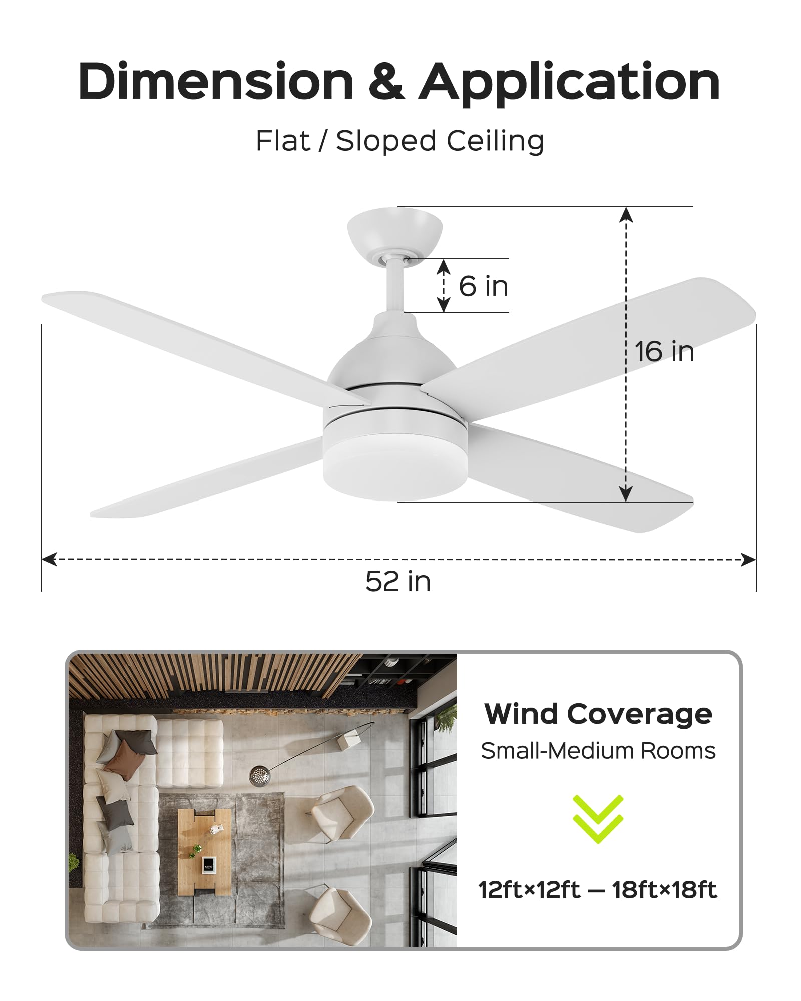 JACKYLED 52 Inch Ceiling Fan with Light Remote Control, 6 Fan Speeds & 3-Color Dimmable Light, Quiet Reversible DC Motor, LED Ceiling Fan Light for Bedroom, Living Room, White/Lightwood Blades