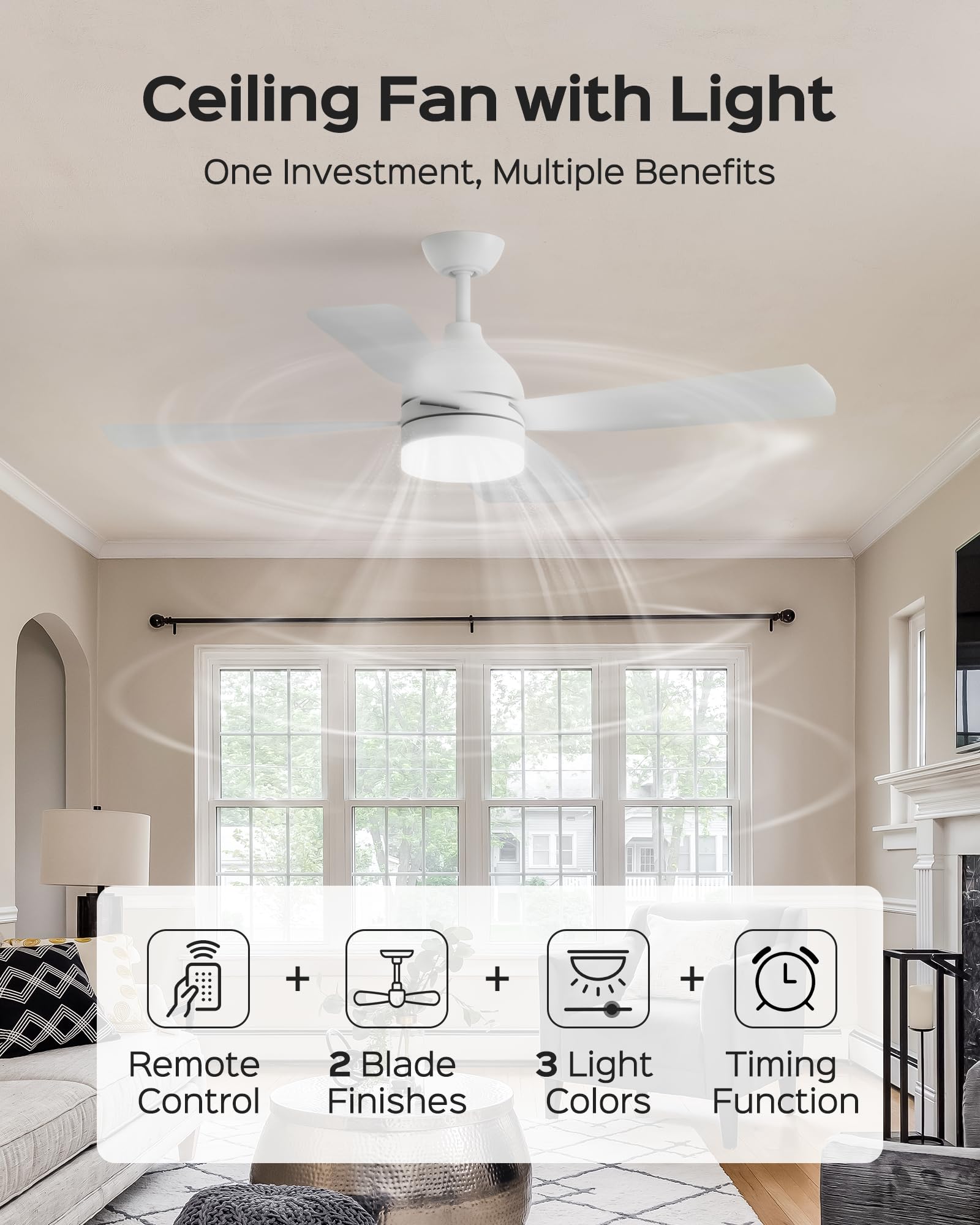 JACKYLED 52 Inch Ceiling Fan with Light Remote Control, 6 Fan Speeds & 3-Color Dimmable Light, Quiet Reversible DC Motor, LED Ceiling Fan Light for Bedroom, Living Room, White/Lightwood Blades