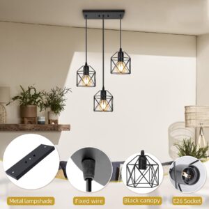 ROCUNSI 3-Light Hanging Pendant Light Fixtures, Farmhouse Kitchen Island Light Fixture, Industrial Hanging Pendant Lighting for Dining Room Bedroom Hallway, Black Metal Cage Pendant Lamp, E26 Base