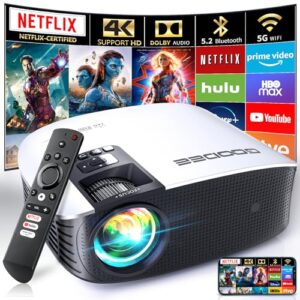 goodee smart 4k projector with 5g wifi and bluetooth, netflix/amazn prime video certified, dolby audio, 800ansi outdoor projector, 400" zoom home theater projector compatible with tv stick,ios,android