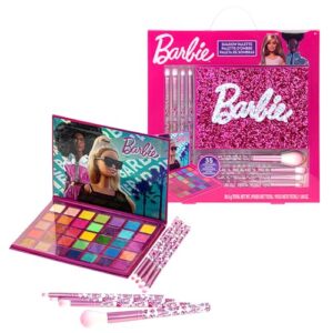 barbie - townley girl 35-well eyeshadow palette, shimmery and opaque colors, pigmented blendable, 8 application brushes non-toxic 8+, perfect for parties, sleepovers & makeovers