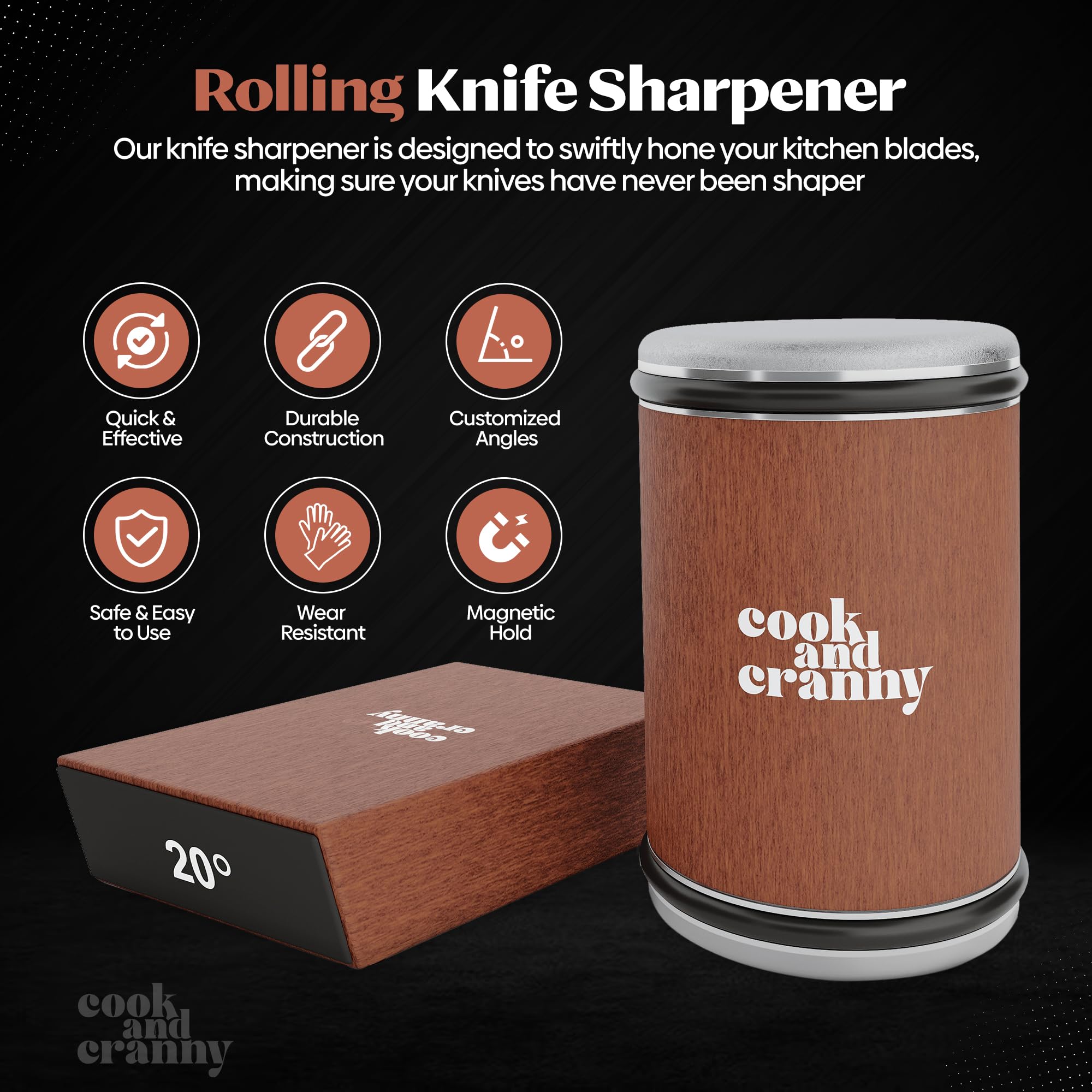 Rolling Knife Sharpener Professional Diamond Knife Sharpener Roller - Magnetic Angle Technology with 15, 20 Degrees - Rolling Knife Sharpening Tool for Any Steel Hardness - cook and cranny