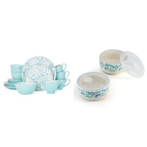 pfaltzgraff venice 16-piece stoneware dinnerware set, service for 4 and 6in storage bowls, aqua/white