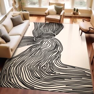 sunnewt stain resistant washable area rug 8x10 living room large rugs soft faux wool non-shedding low-pile floor carpet for dining laundry room bedroom bed side, contemporary striped