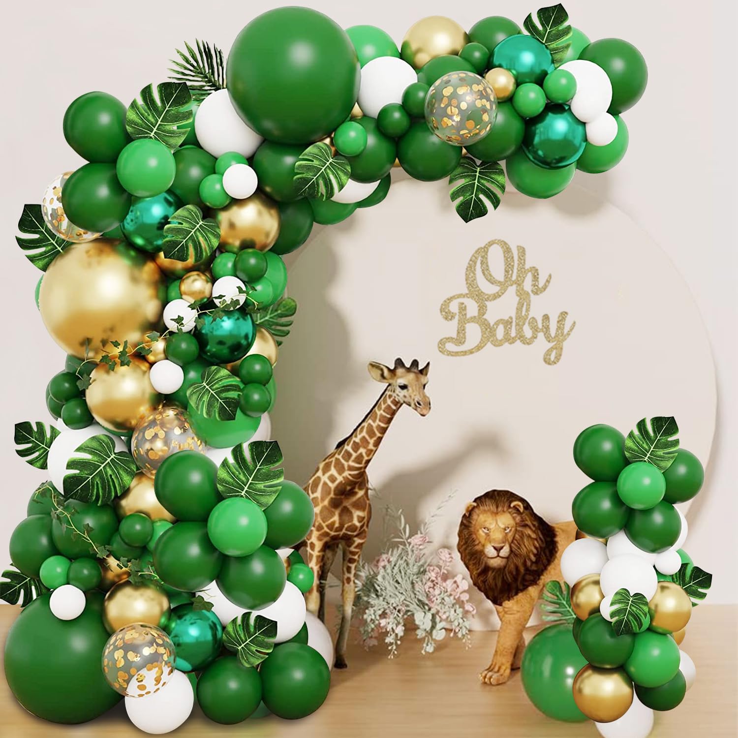 Jungle Party Balloons Garland Arch Kit, Green Gold White Balloons Safari Tropical Dinosaur Birthday Party Decorations for Baby Shower, Bridal Shower, Wedding, Anniversary, Graduations