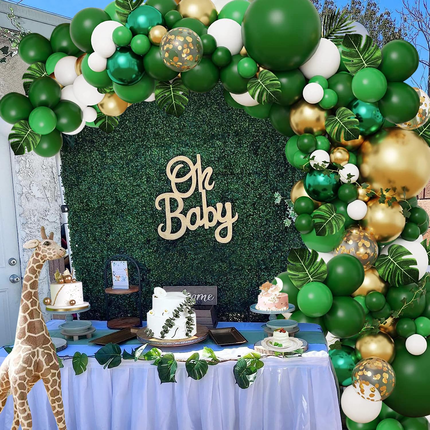 Jungle Party Balloons Garland Arch Kit, Green Gold White Balloons Safari Tropical Dinosaur Birthday Party Decorations for Baby Shower, Bridal Shower, Wedding, Anniversary, Graduations