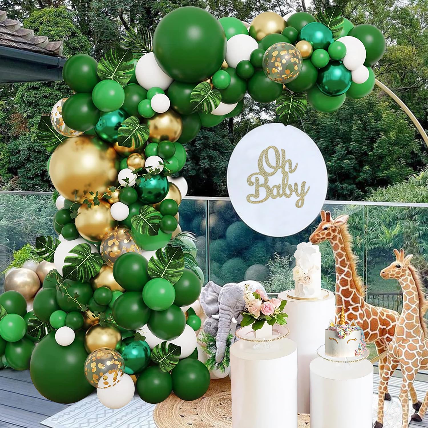 Jungle Party Balloons Garland Arch Kit, Green Gold White Balloons Safari Tropical Dinosaur Birthday Party Decorations for Baby Shower, Bridal Shower, Wedding, Anniversary, Graduations