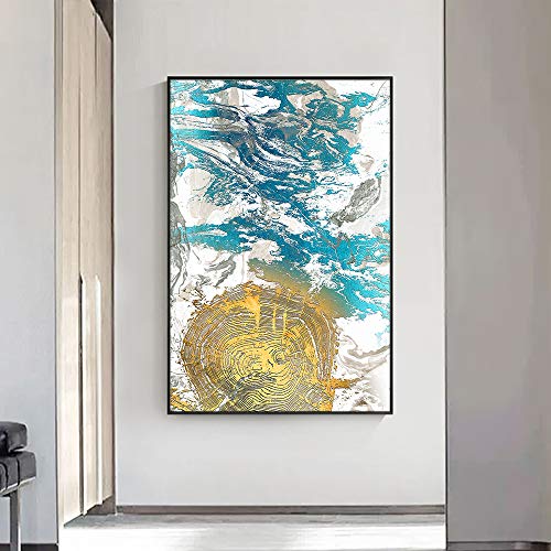 Abstract Blue with Gold Paintings Hand Painted Oil Painting On Canvas Fashion Modern Wall Art for Living Room,31inx47in,No Frame